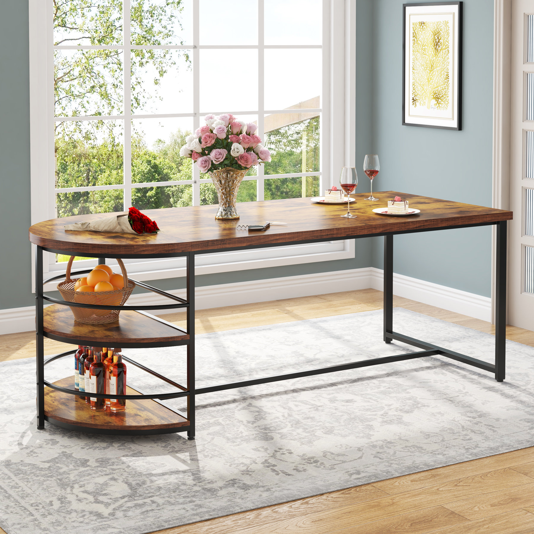 17 Stories Hartbert 70.86" Dining Table with Half Moon Storage Shelves | Wayfair
